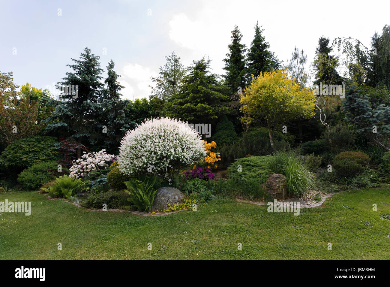 Colorful spring garden in evening sunlight. Spring gardening concept ...
