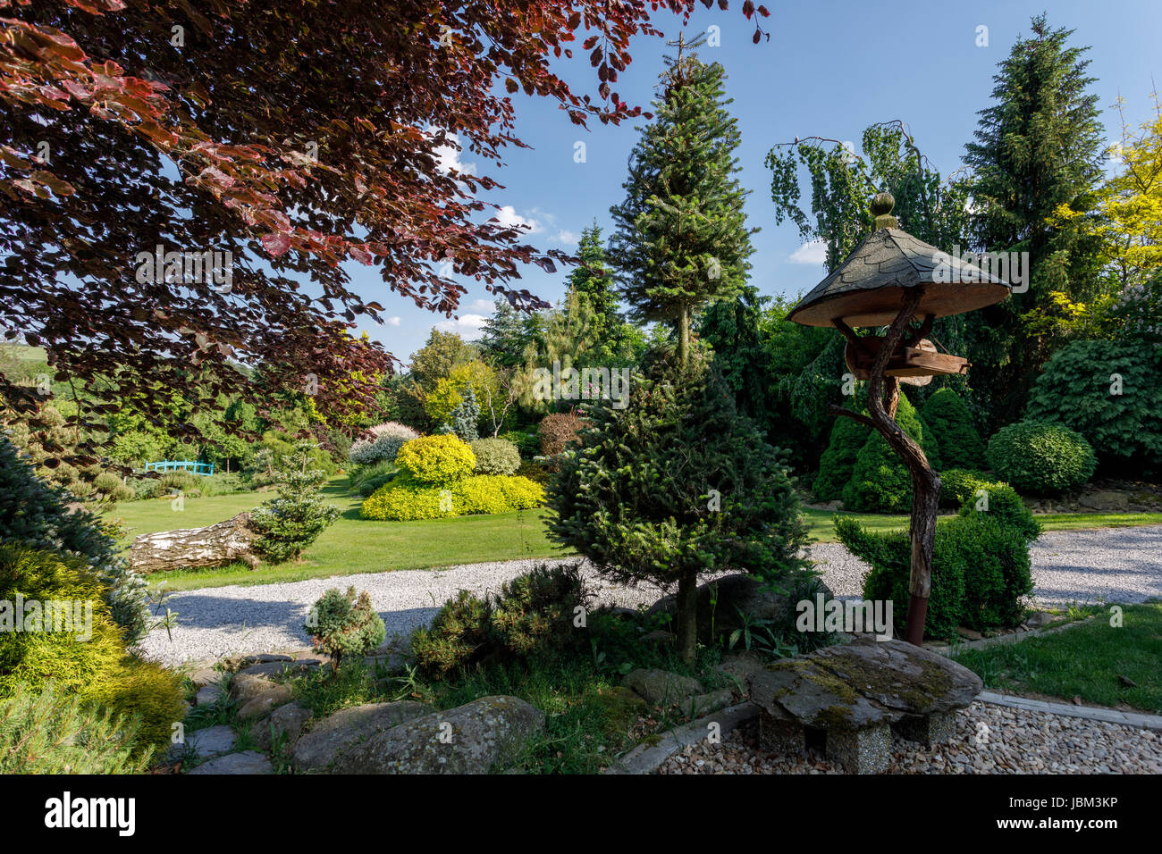 Colorful spring garden in evening sunlight. Spring gardening concept ...