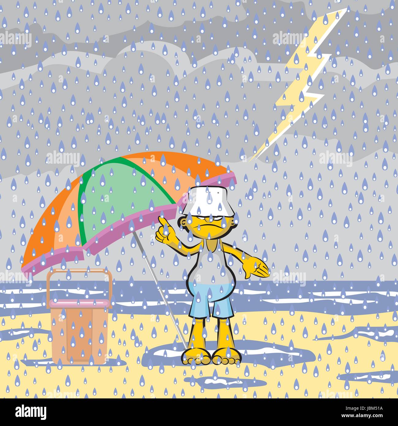 Man on the beach with storm and lightning conceptual illustration Stock ...