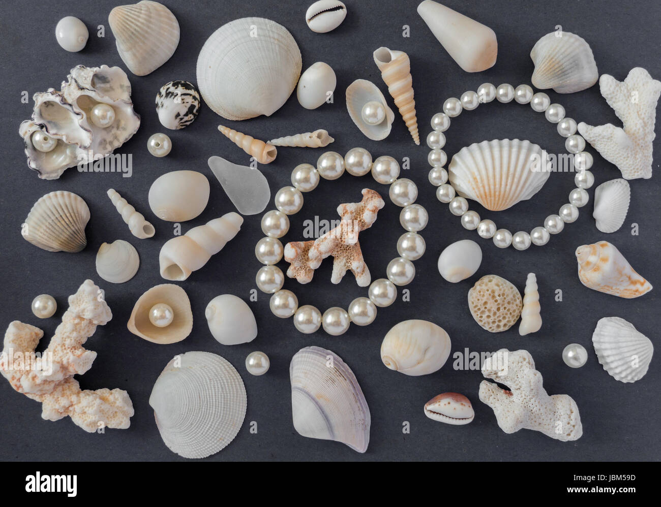 Different size and shape shells and pearls spread across a desaturated ...