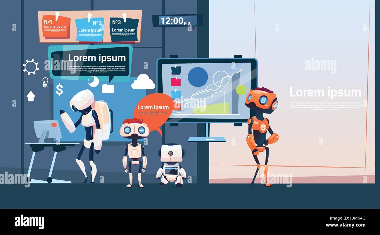 Modern Office Business Robots Group Working, Company Cyborg Team Banner ...