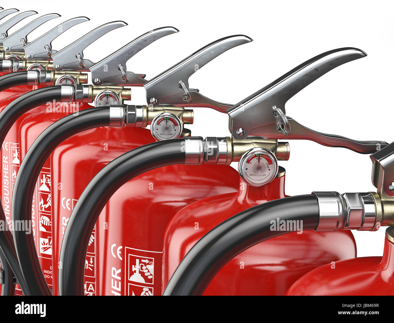 Row of fire extinguishers isolated on white background. 3d illustration ...