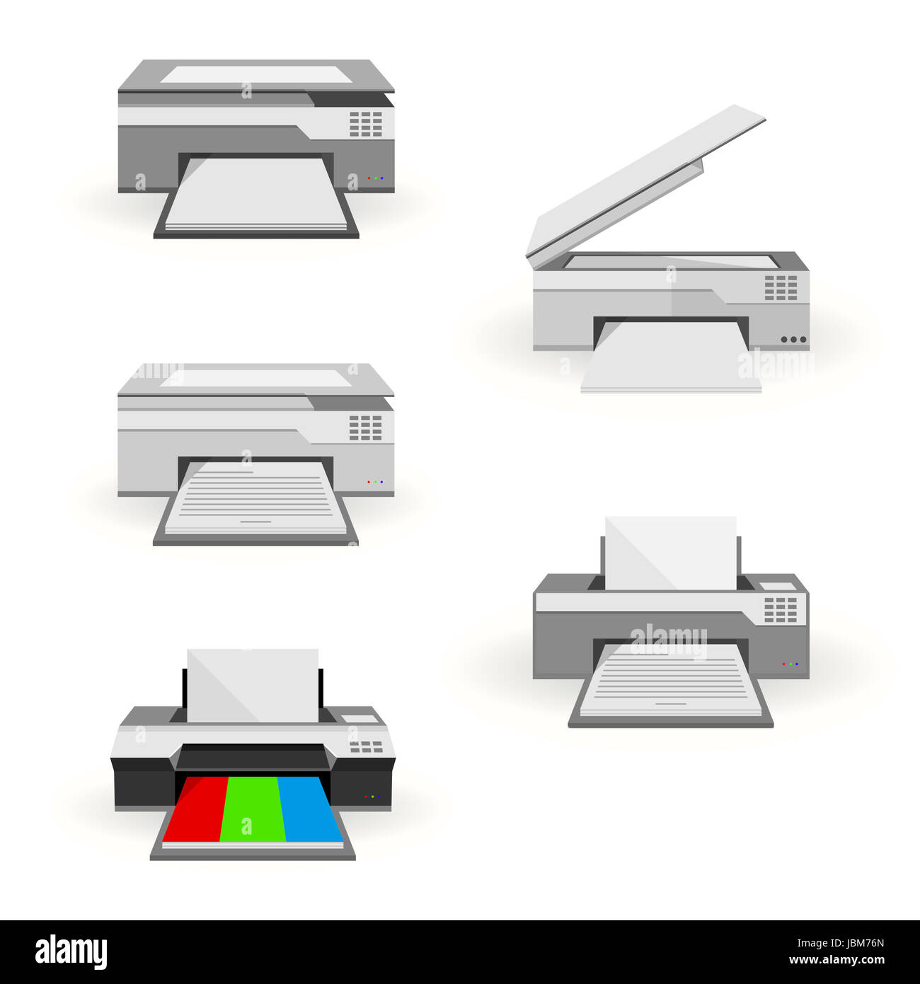 Gray inkjet colorful printers and gray copiers. Five flat illustrations ...