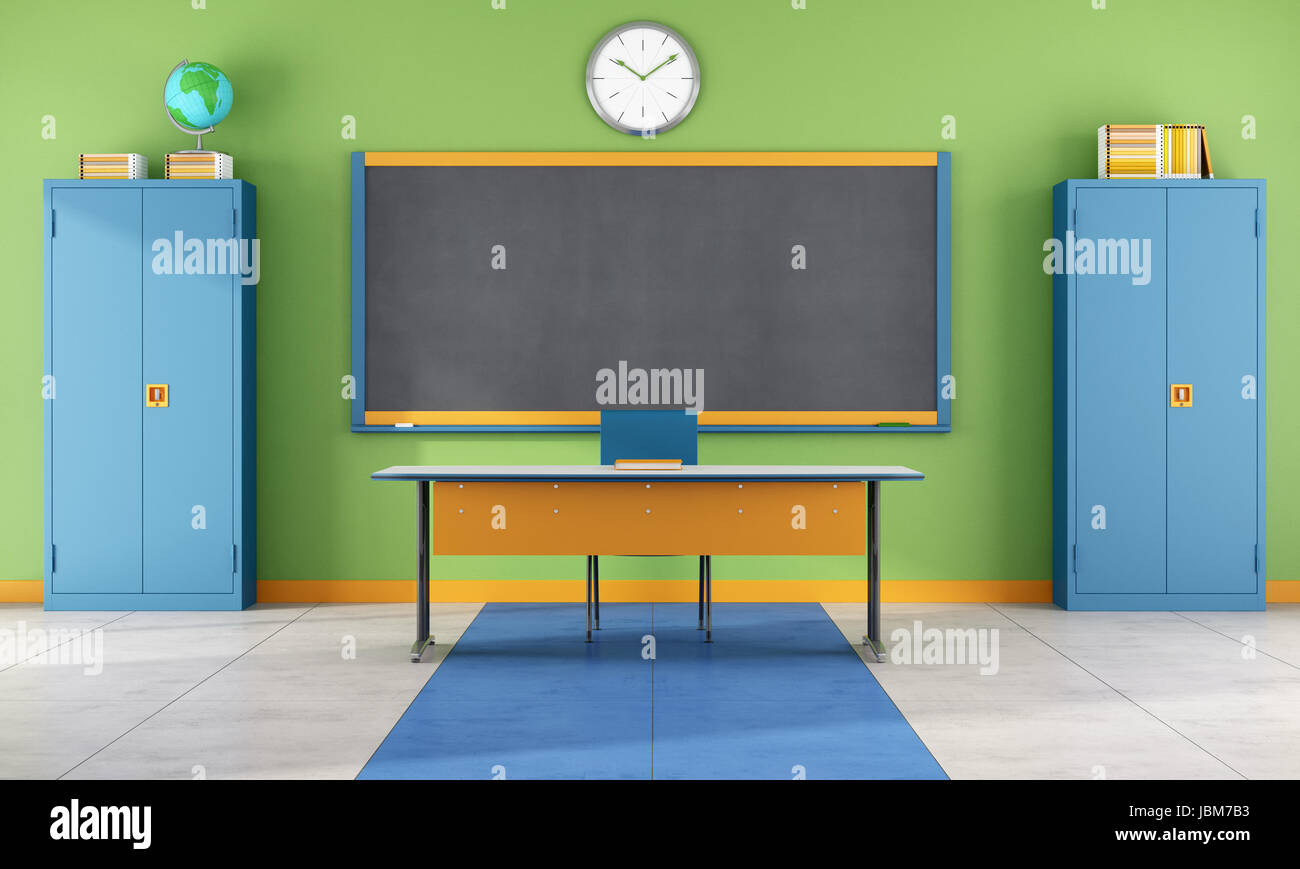Colorful classroom with blackboard, teacher's desk and two metal ...
