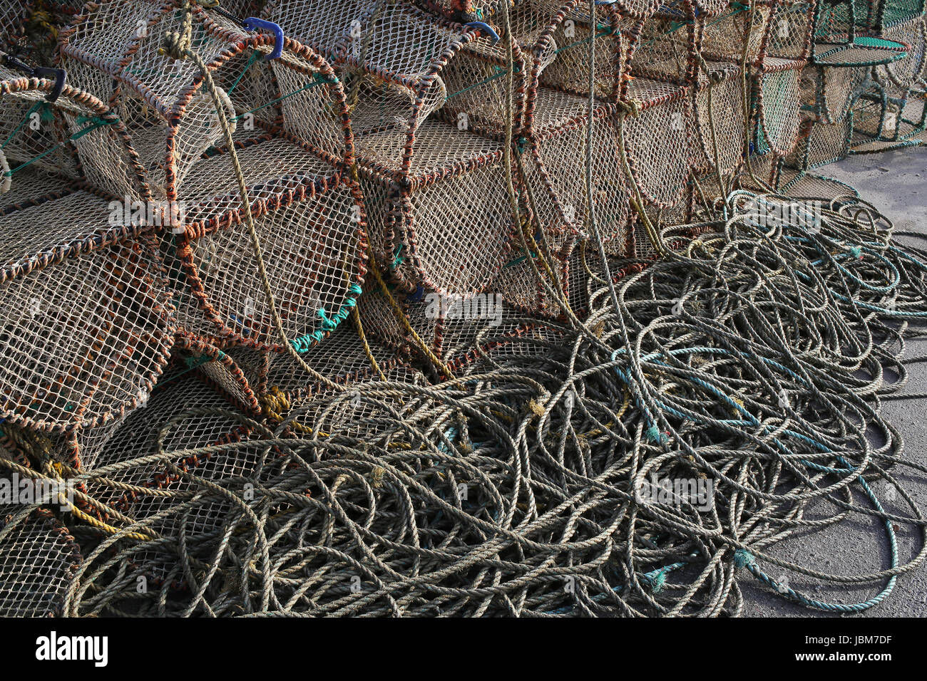 Prawn creels and ropes Kylesku Fishery Jetty at the harbour in the ...