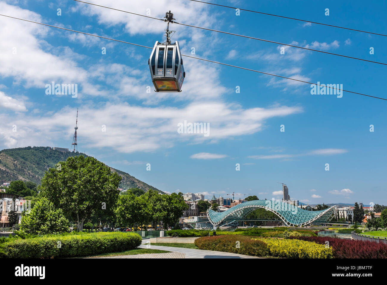 Aerial Tramway cable cars above the Peace Bridge at Rike Park, Tbilisi ...