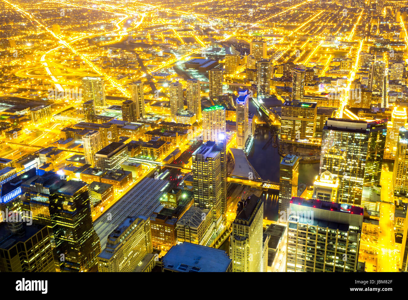 Aerial view of Chicago City downtown at night Stock Photo - Alamy