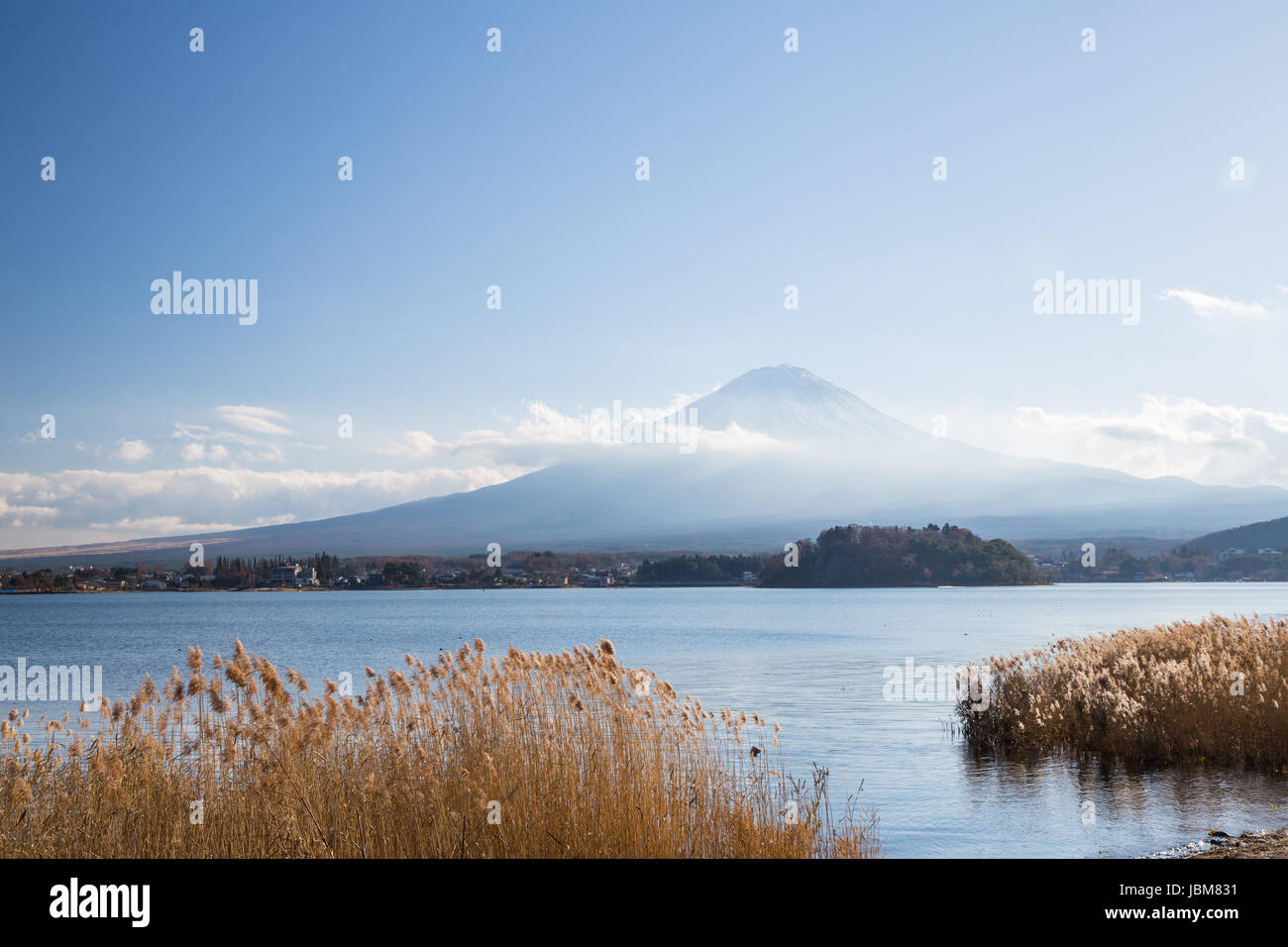Mountain Fuji fujisan from Kawaguchigo lake with field in foreground at ...