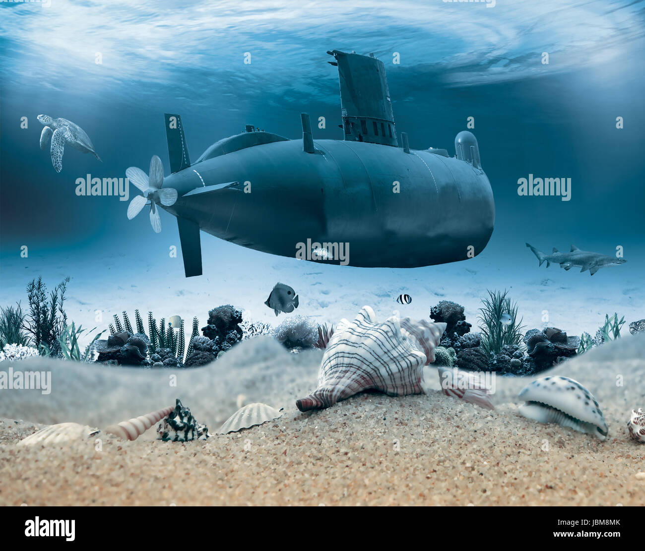 Underwater life and submarine with sunlight effect Stock Photo - Alamy