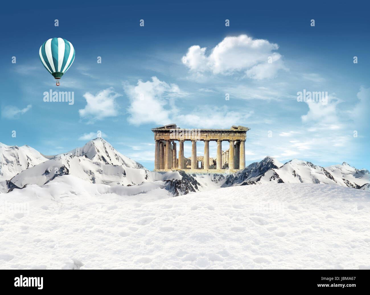 Parthenon, greek landmark, among the mountains with snow and hot air ...