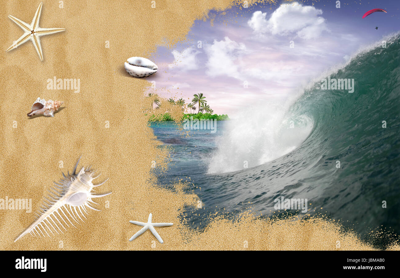 Sand beach with shells and ocean wave with paragliding flying in the ...