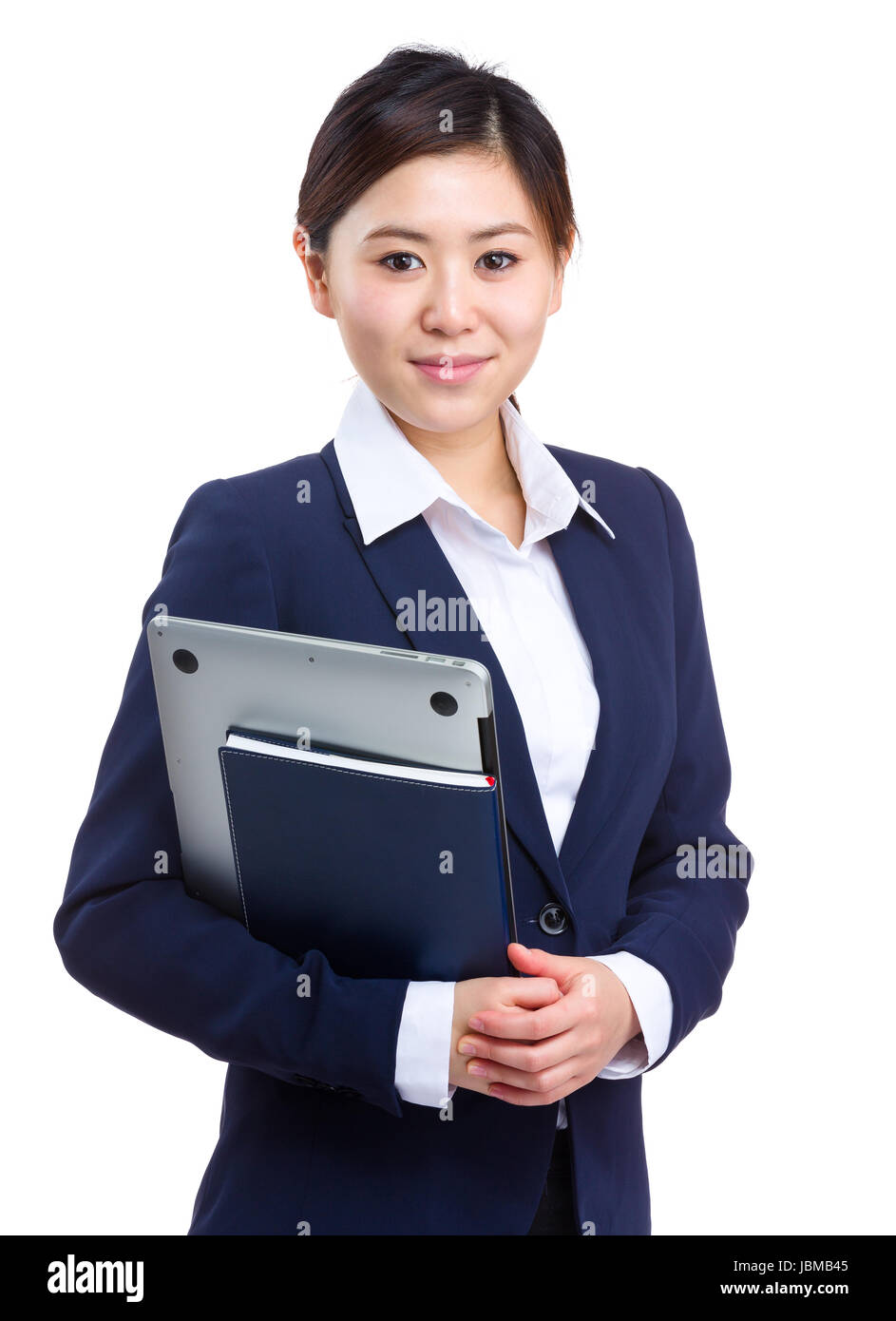 Secretary holding laptop computer and notepad Stock Photo - Alamy