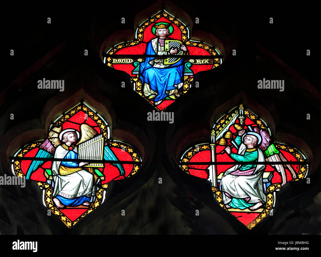 King David, 2 angels with musical instruments, stained glass window by ...