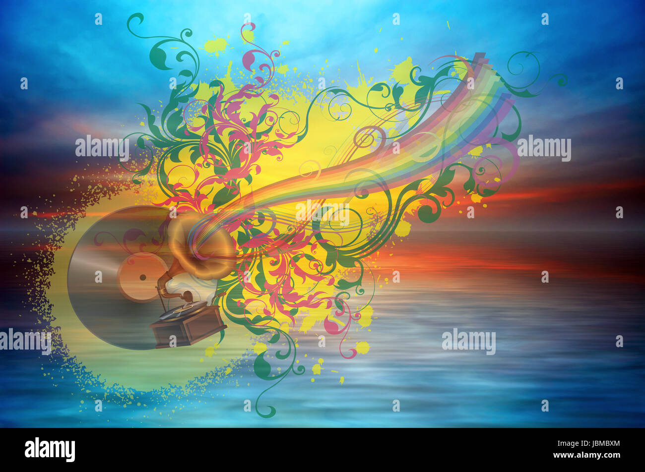 Music rainbow on the ocean sunset background Stock Photo - Alamy