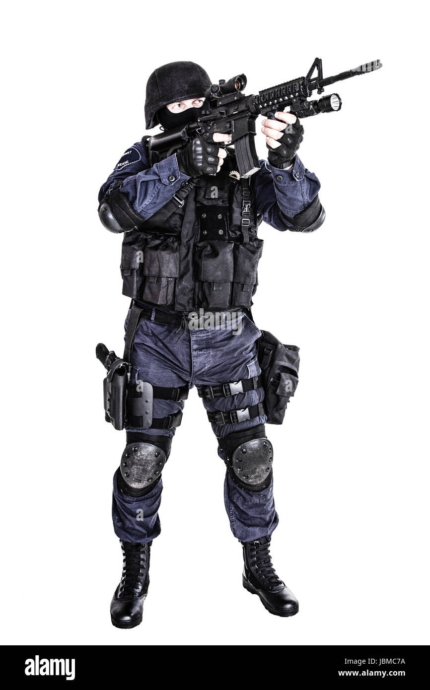 Special weapons and tactics SWAT team officer with his gun Stock Photo ...