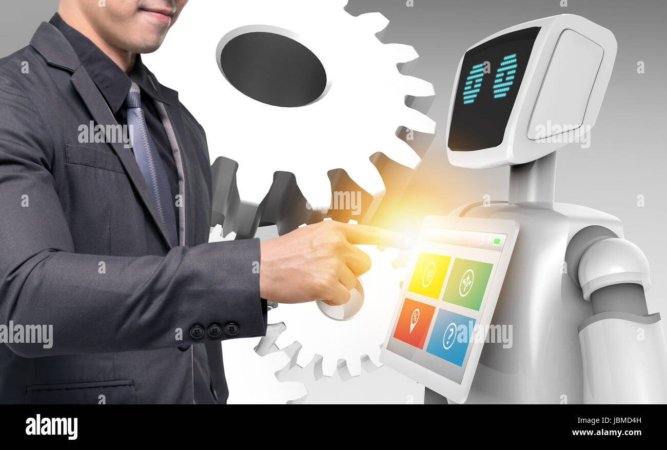 Robotics Trends technology business and chat bot concept. Man suit ...