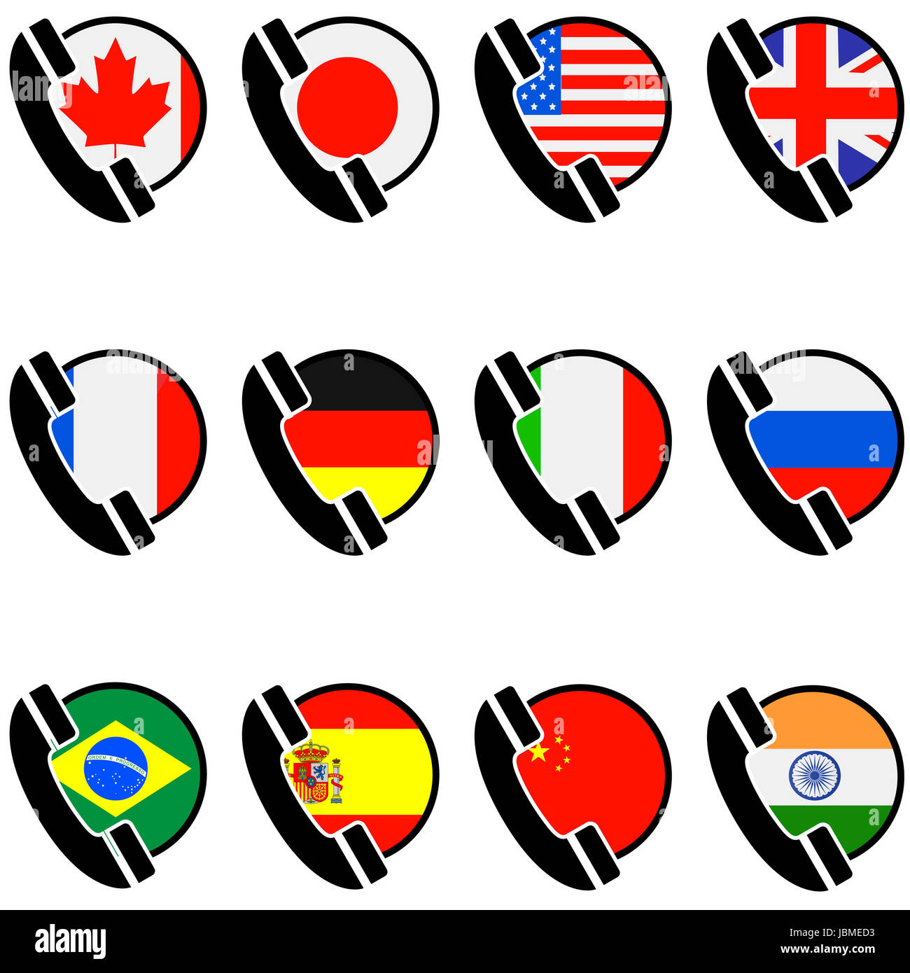 Icon set showing a phone handset along with flags for different ...