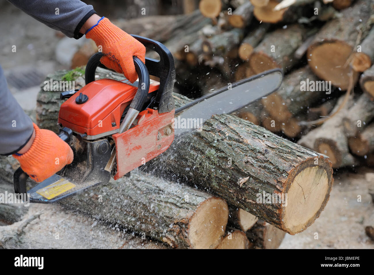 Close-up professional chainsaw blade cutting log of wood Stock Photo ...