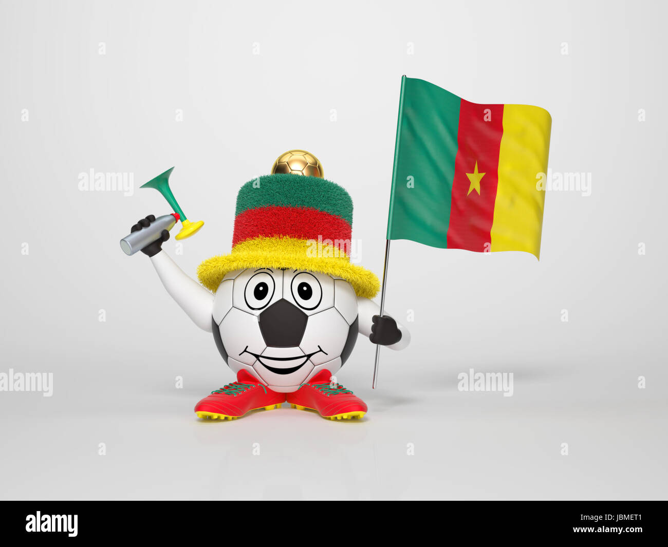 A cute and funny soccer character holding the national flag of Cameroon ...
