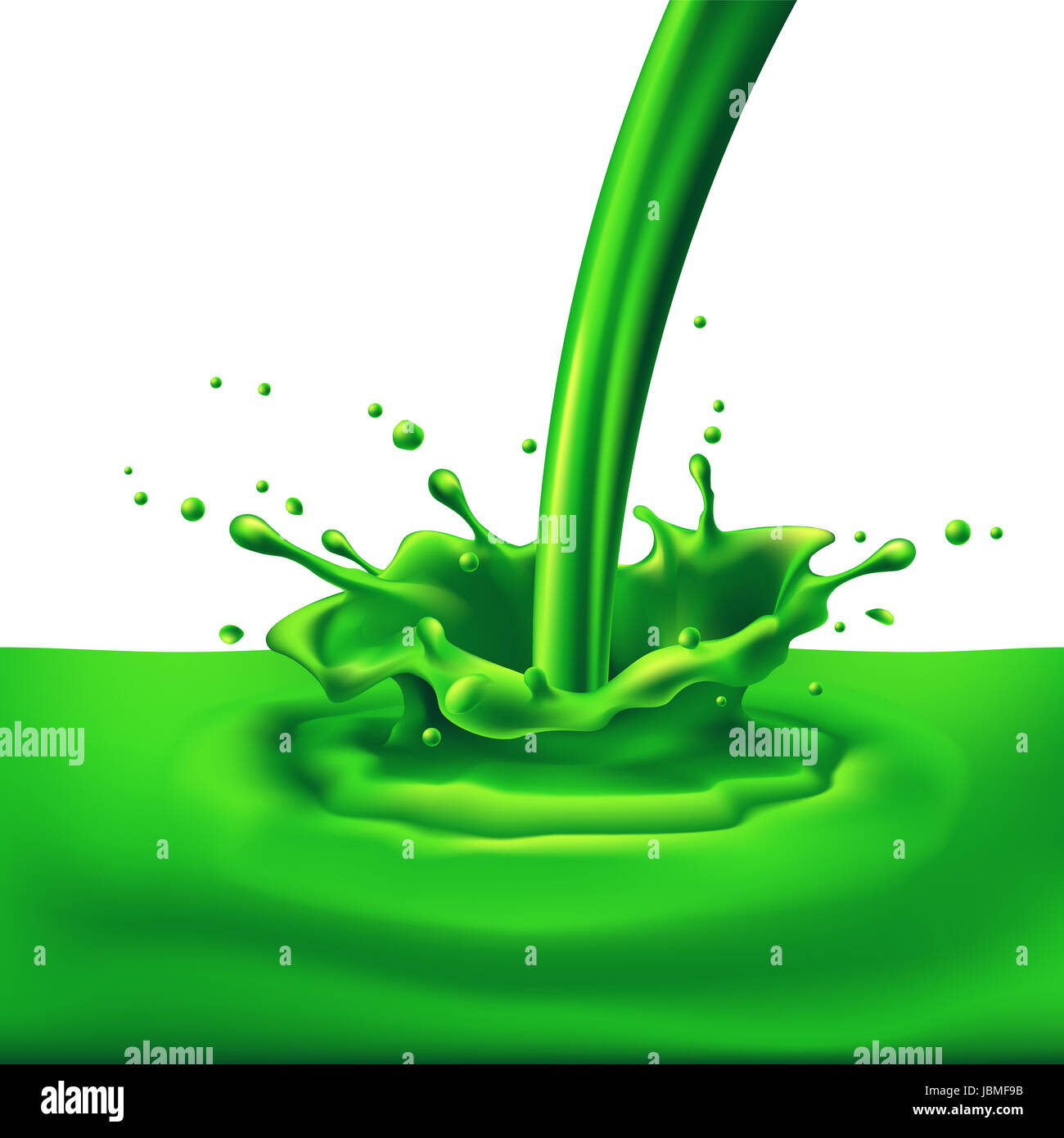 Pouring of green paint with splashes. Bright illustration on white ...