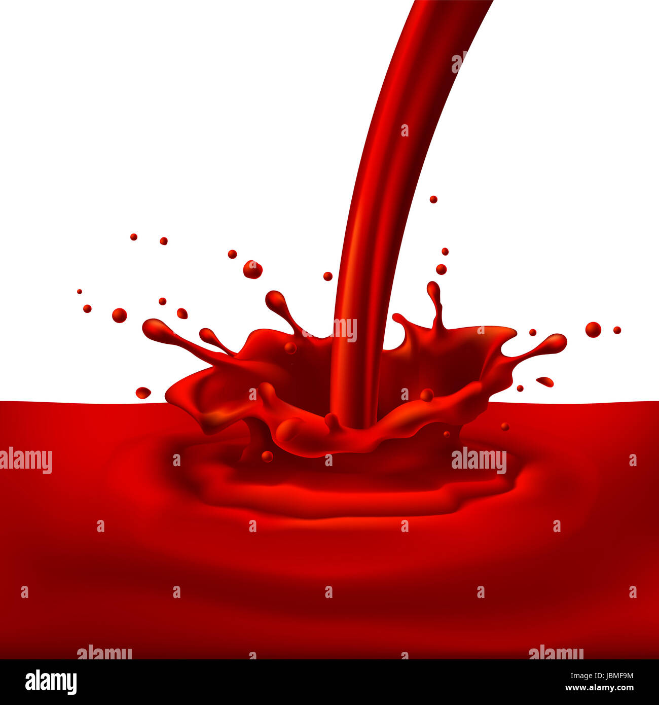 Pouring of red paint with splashes. Bright illustration on white ...