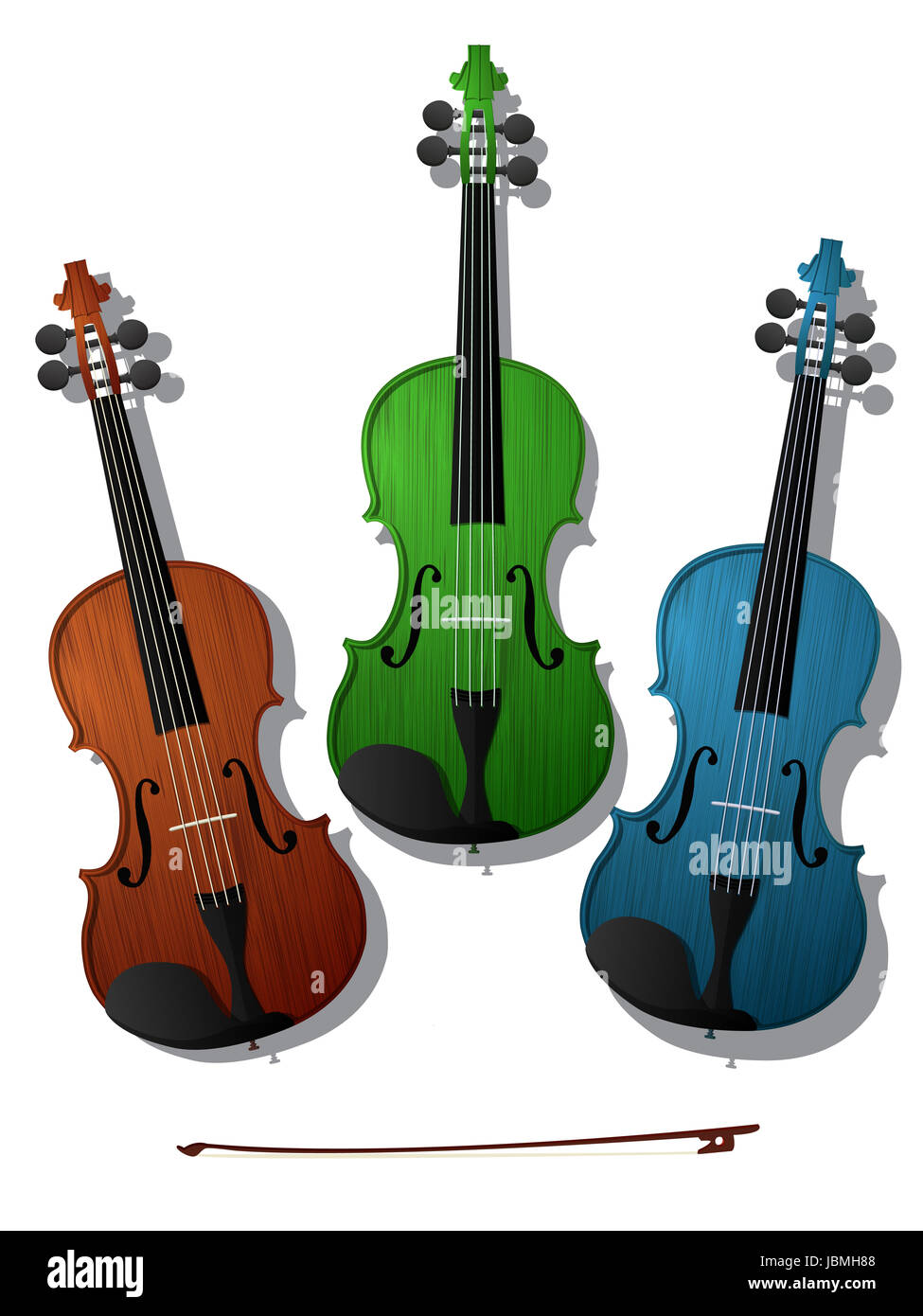 Three violins in colors against white background Stock Photo - Alamy