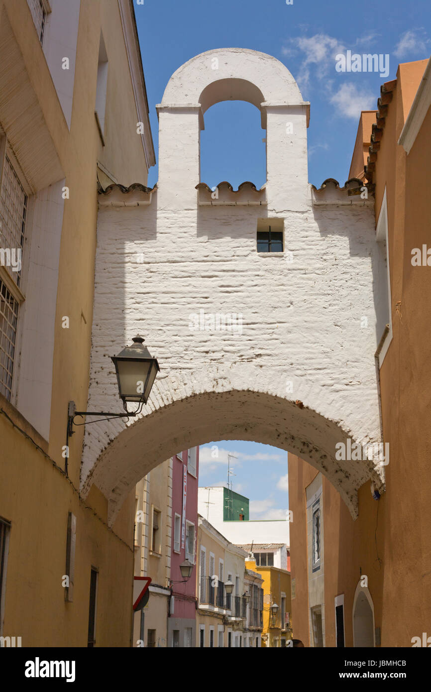 Badajoz downtown old village in white whitewashed typical arch, Spain ...