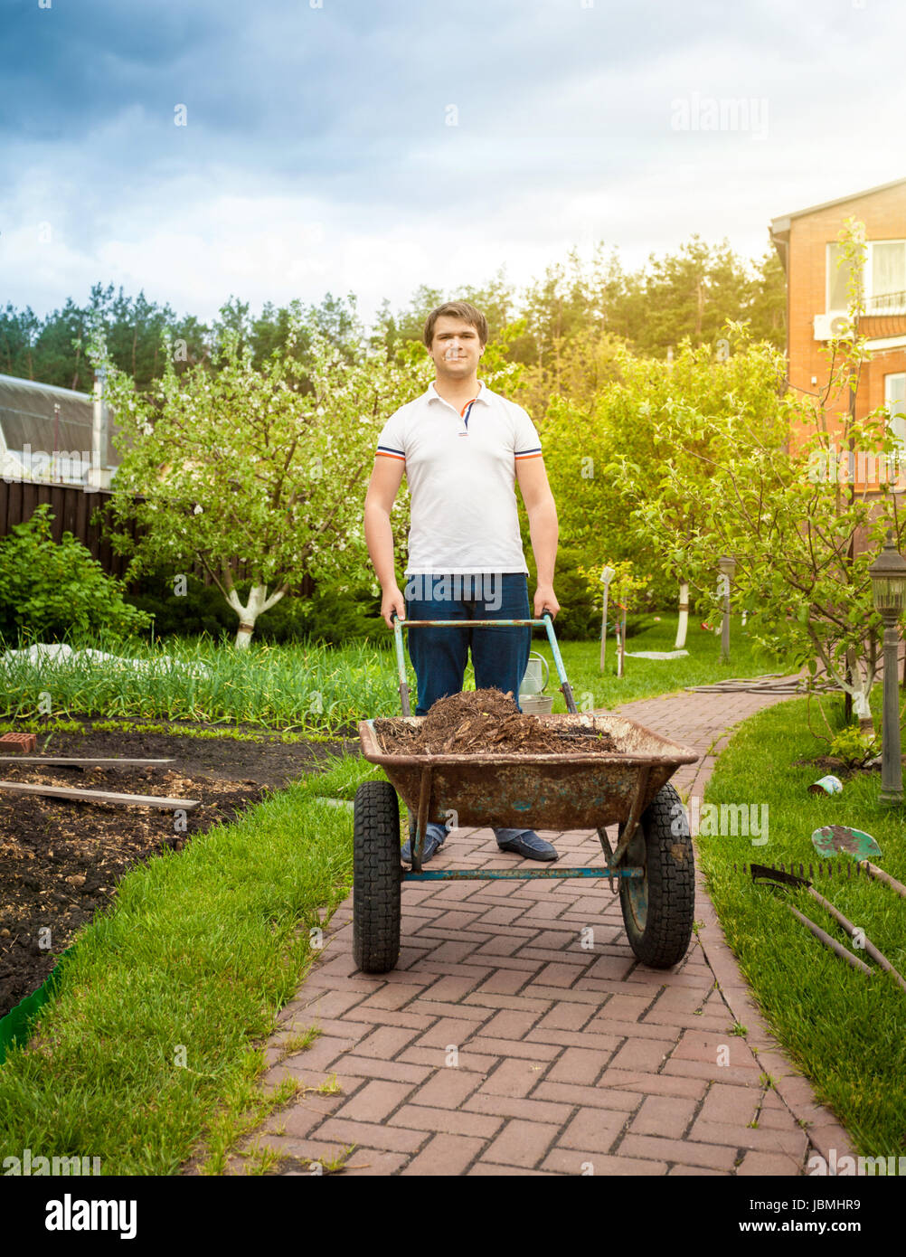 Handsome man carrying wheelbarrow at beautiful garden Stock Photo - Alamy