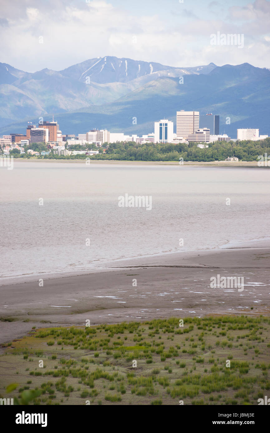 Sandy beach bay Anchorage Alaska downtown city skyline Stock Photo - Alamy