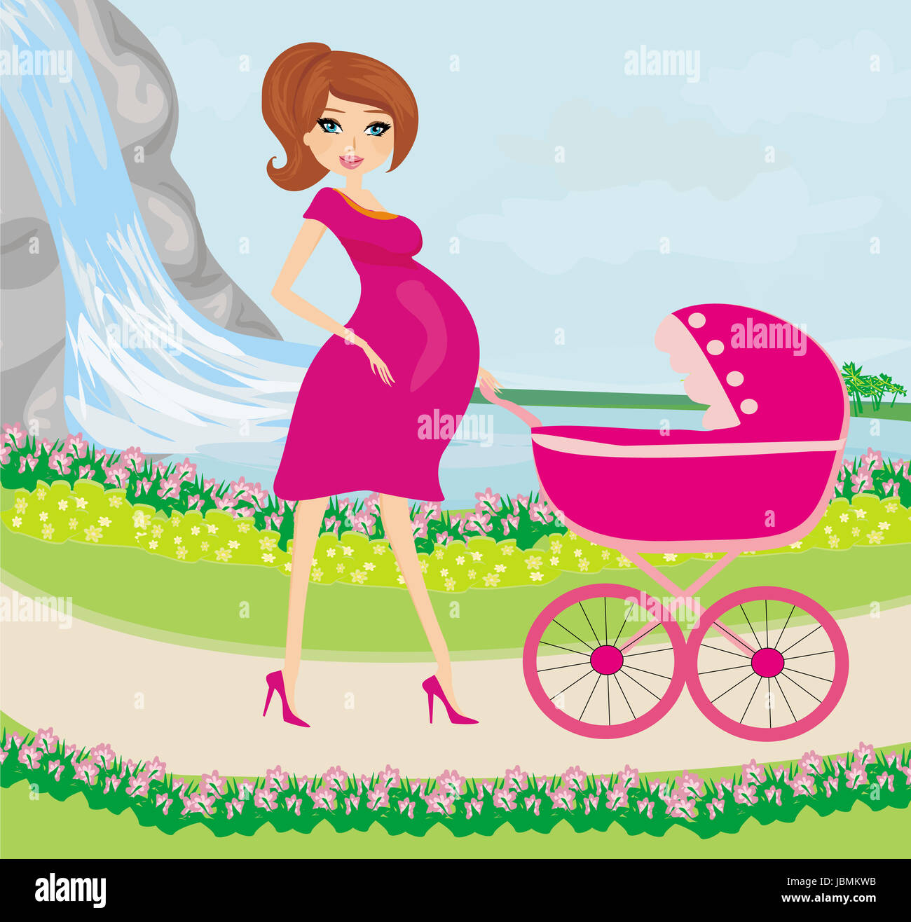 Cartoon mother pushing baby stroller hi-res stock photography and ...