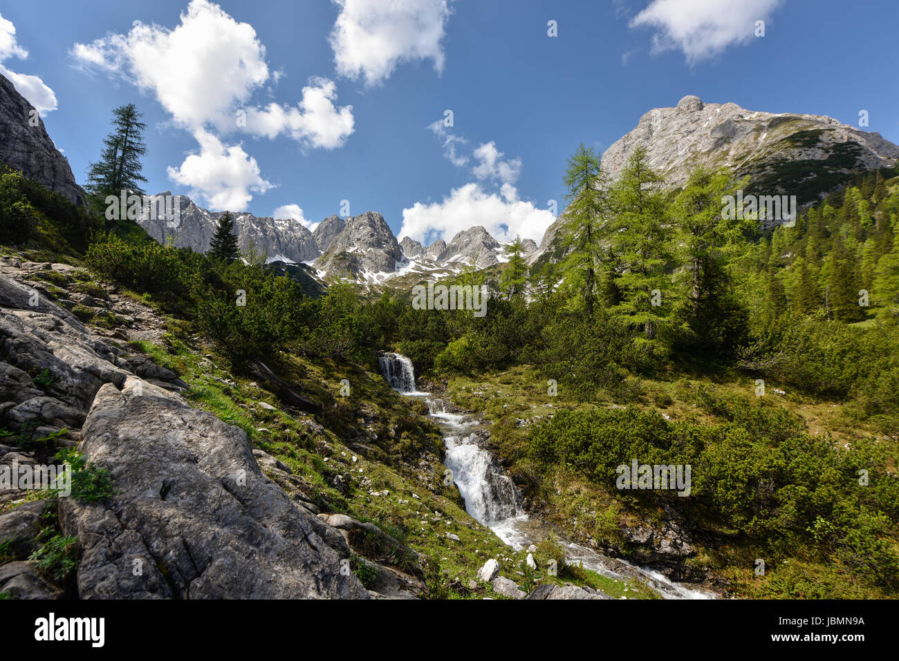 Waterfall at lake Seebensee in the Zugspitze area.Tyrol, Austria Stock ...