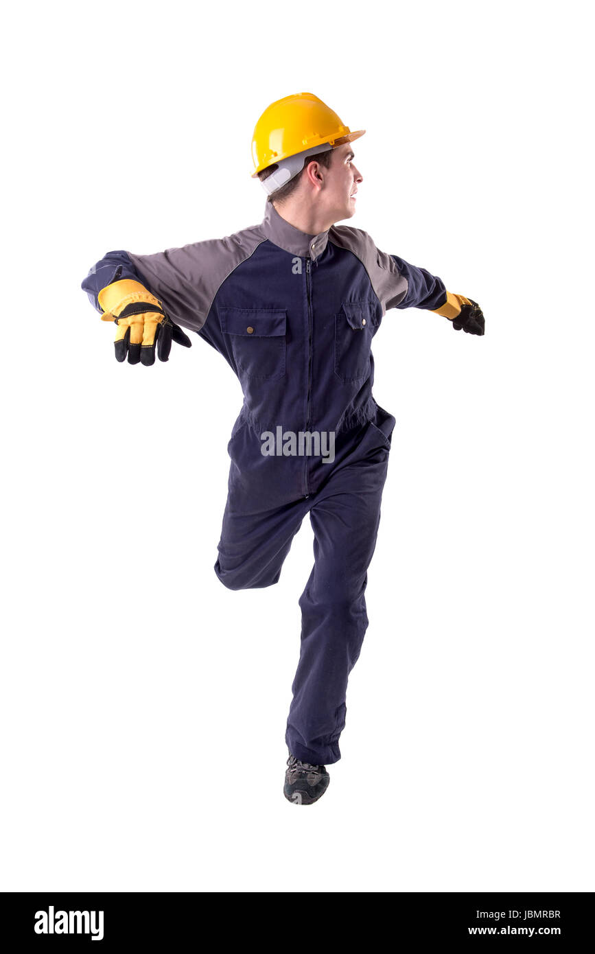 Construction worker running from danger isolated in white Stock Photo ...