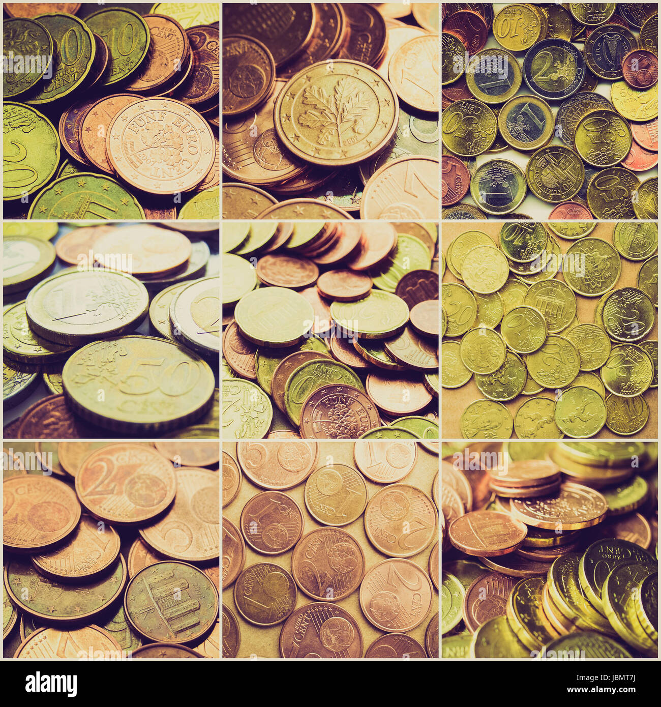 Vintage retro looking Euro money collage with coins (European currency ...
