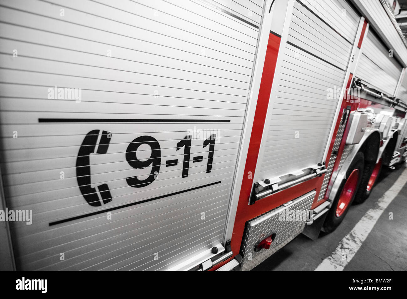 Red Firetruck Details of the Side and of the 911 telephone Sign Stock ...