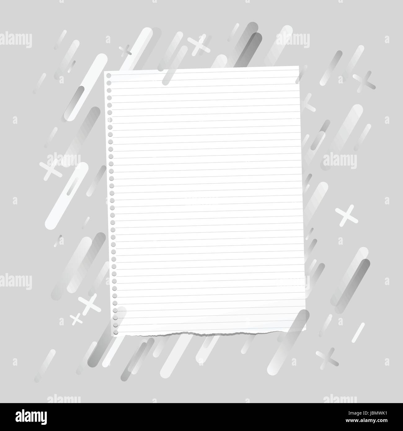 Ripped ruled note, notebook, copybook paper sheet stuck on lined gray ...