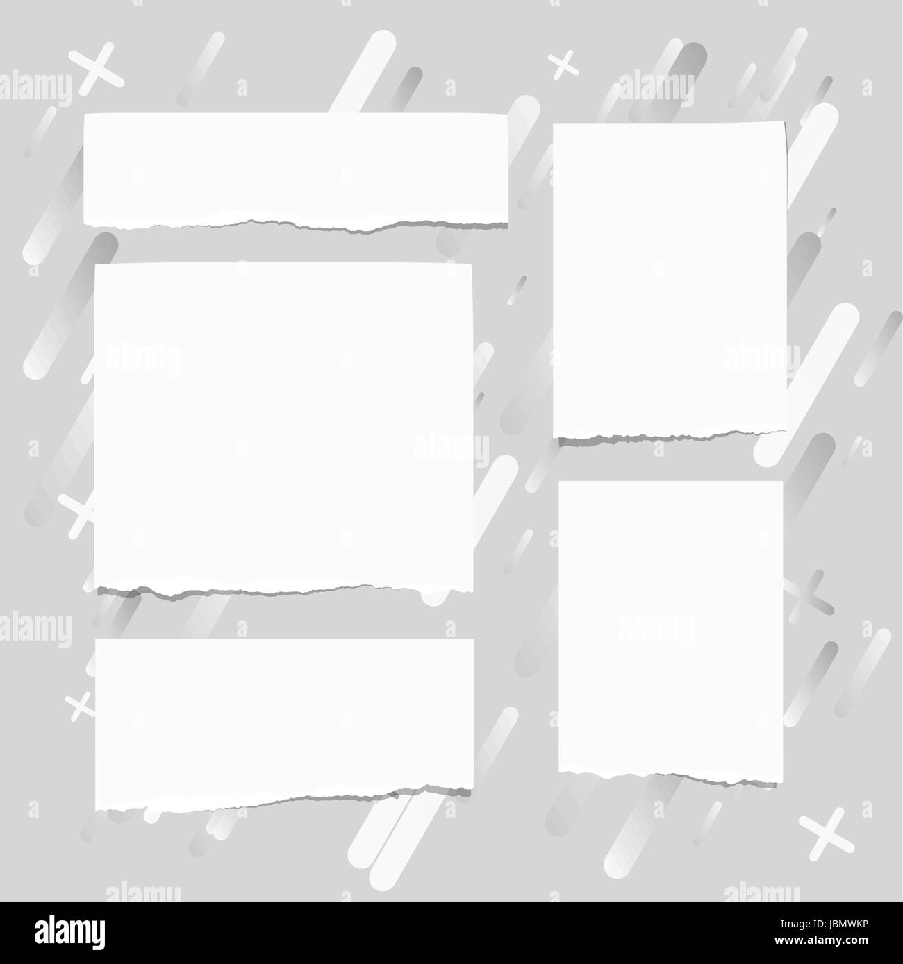 Pieces of ripped blank note, notebook, copybook paper sheets stuck on ...