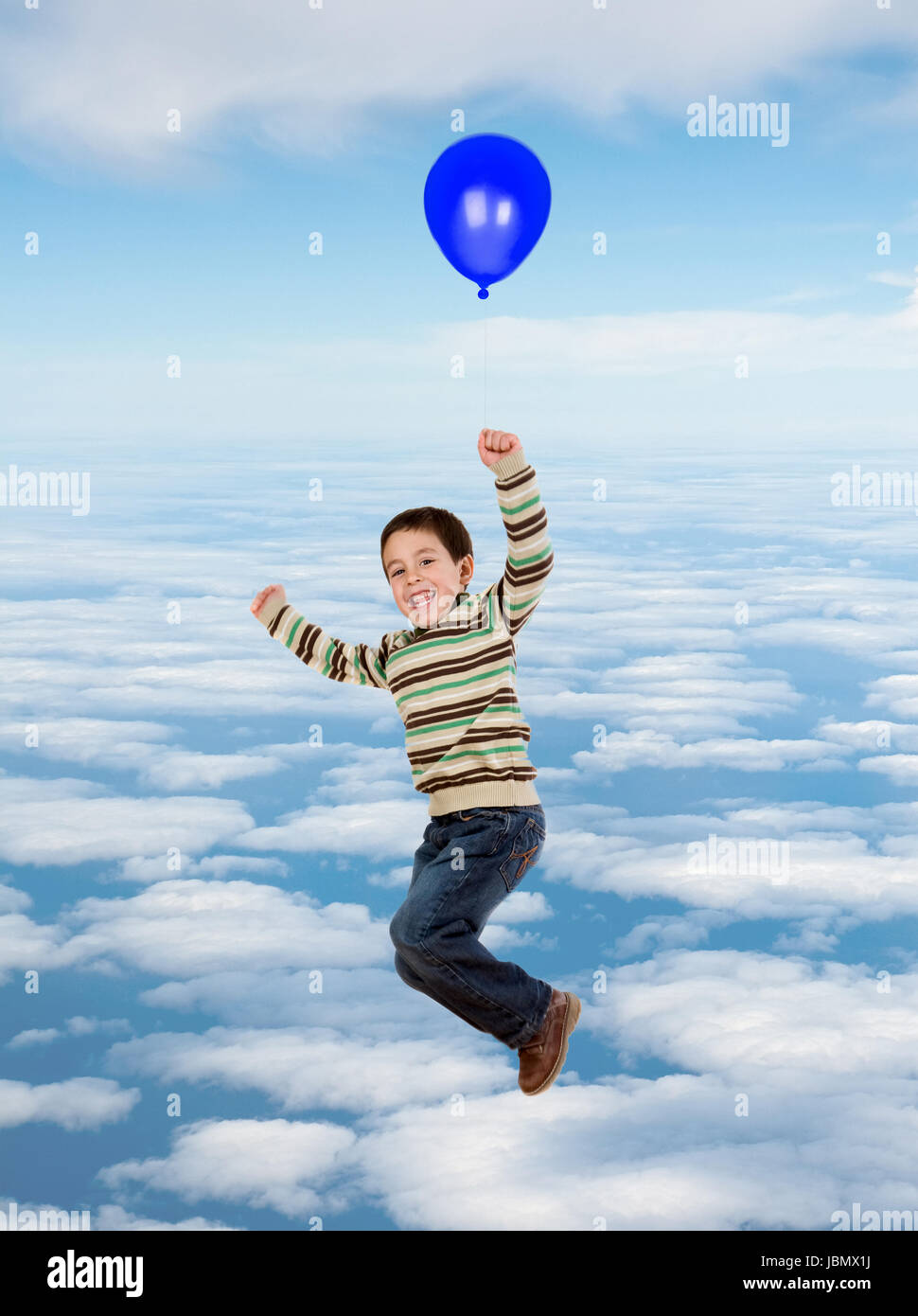 Beautiful child flying on the sky with a balloon isolated on a white ...