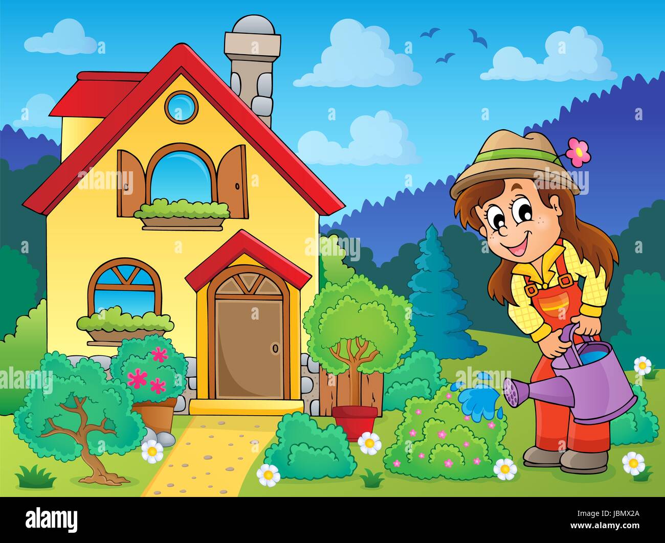 House and gardener 1 - picture illustration Stock Photo - Alamy