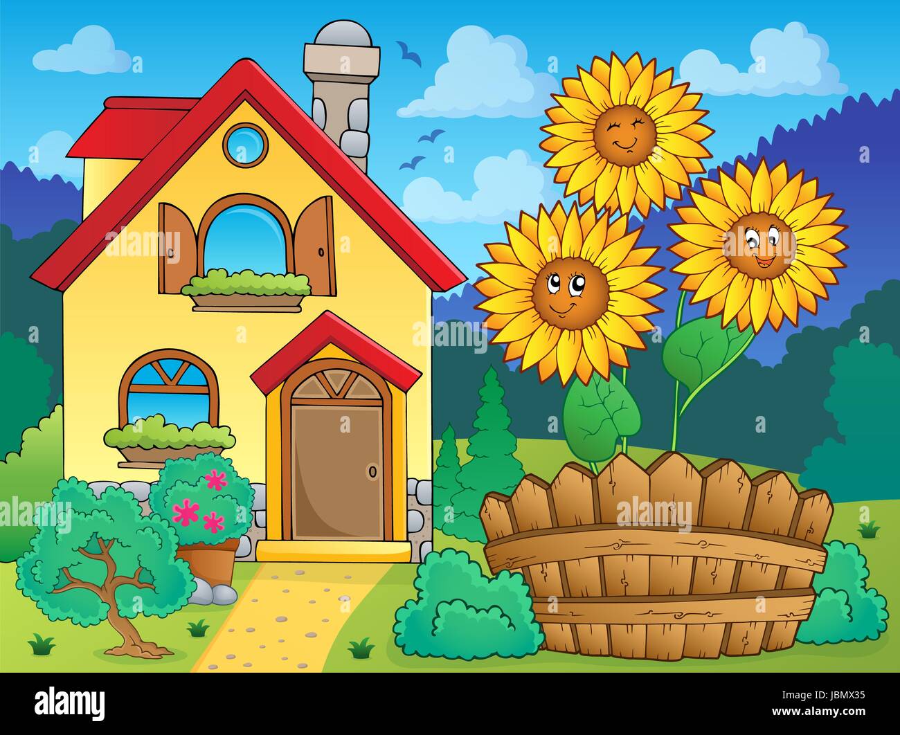 House and flowers 1 - picture illustration Stock Photo - Alamy