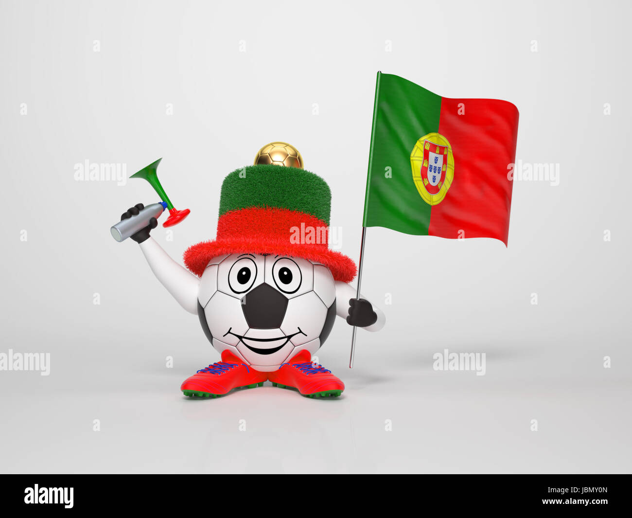 A cute and funny soccer character holding the national flag of Portugal ...