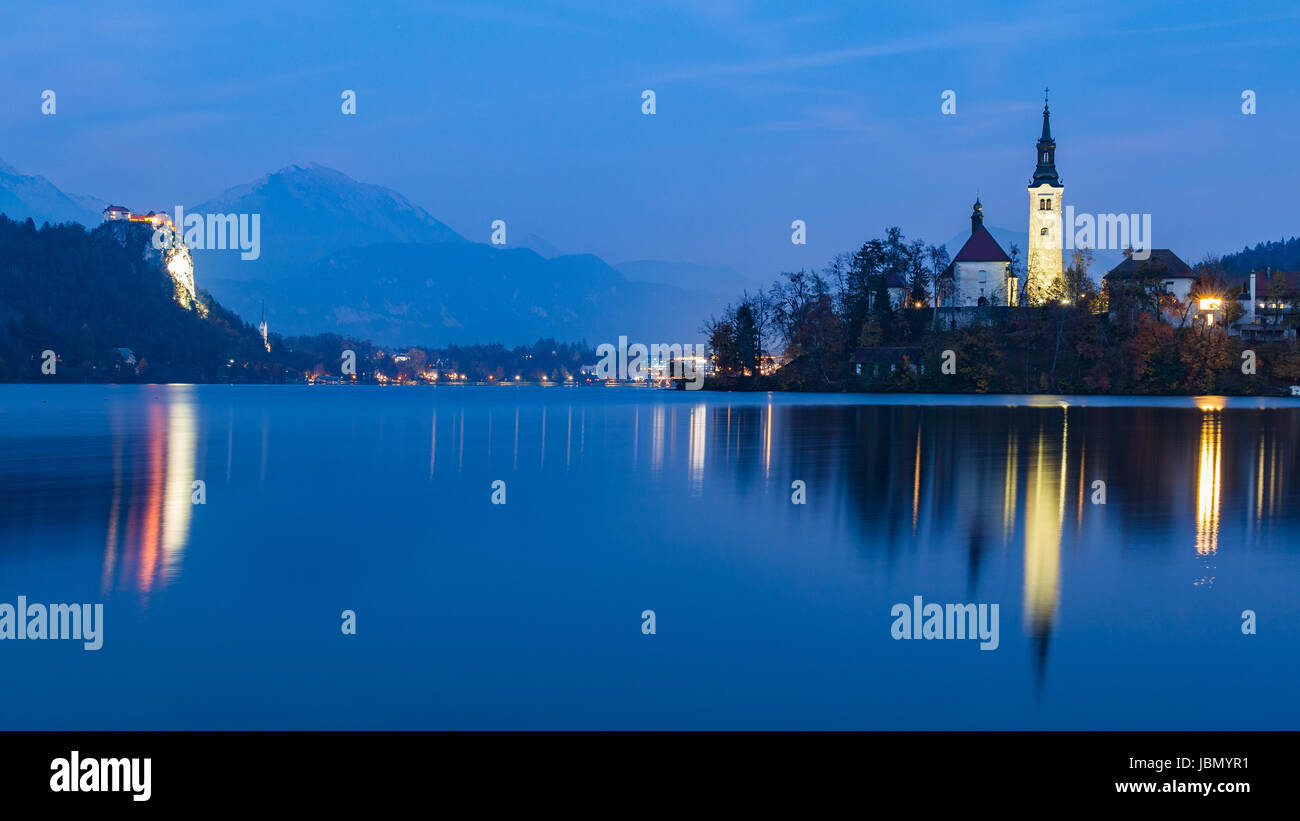 A landscape of Lake Bled at blue hour Stock Photo - Alamy