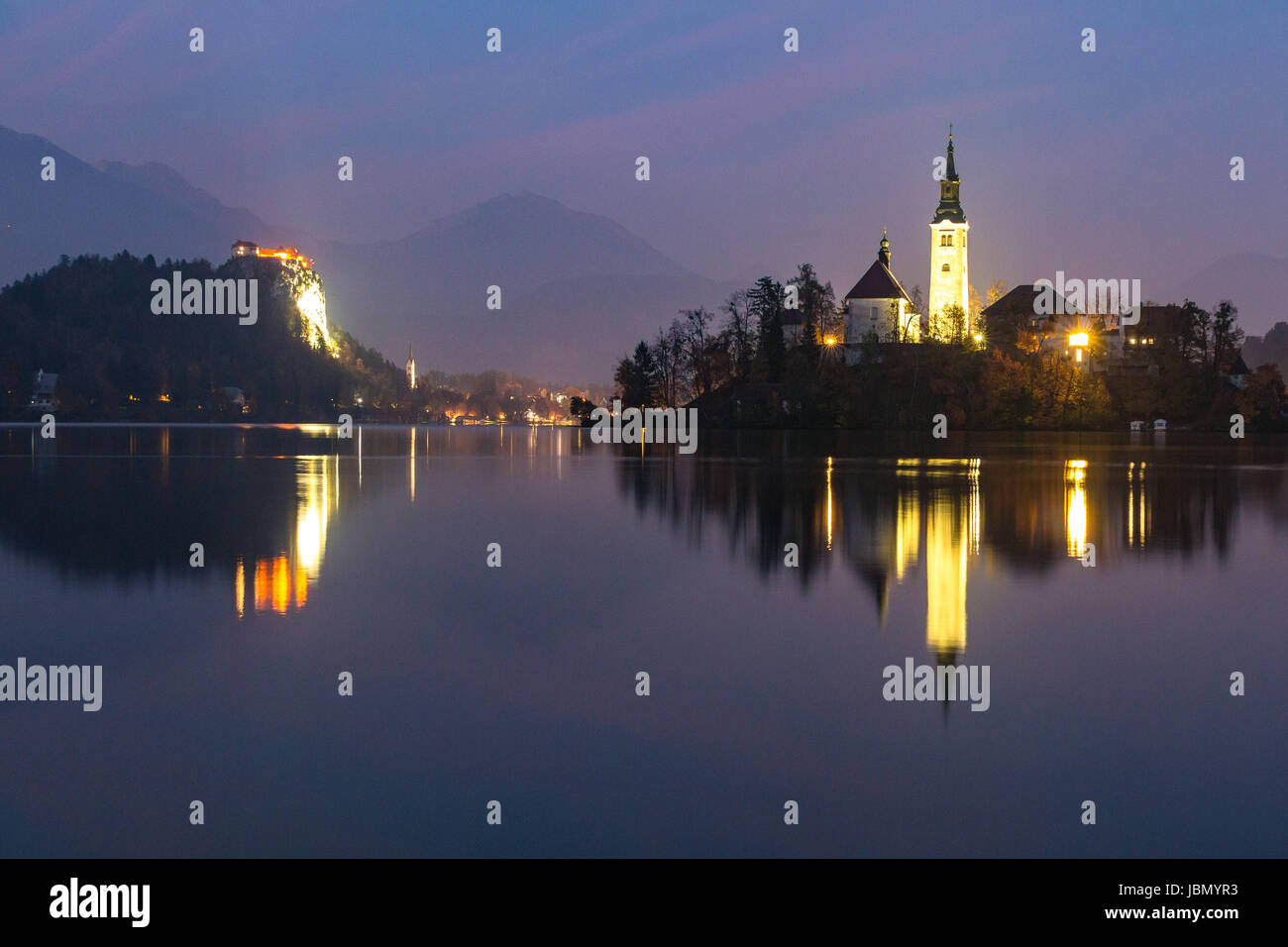 A landscape of Lake Bled at blue hour Stock Photo - Alamy