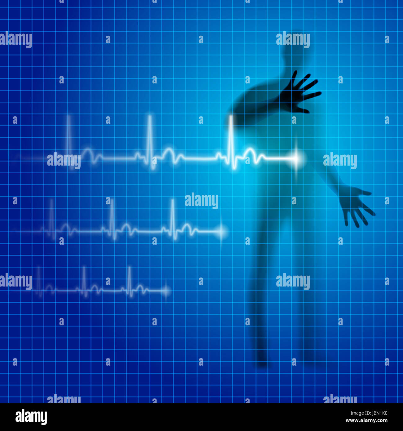 Blue neon medical background with human silhouette and cardiogram line ...