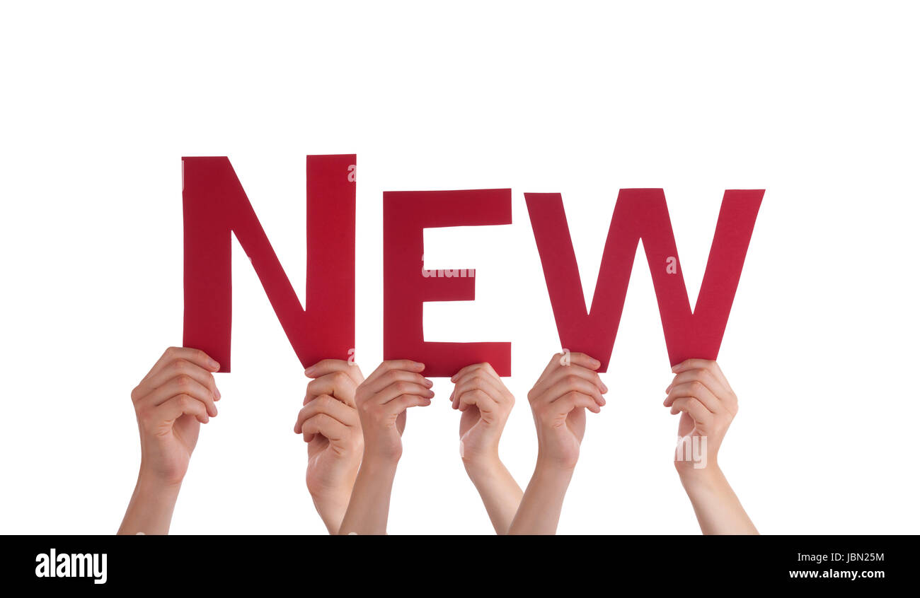 Many People Holding the Red Word New, Isolated Stock Photo - Alamy