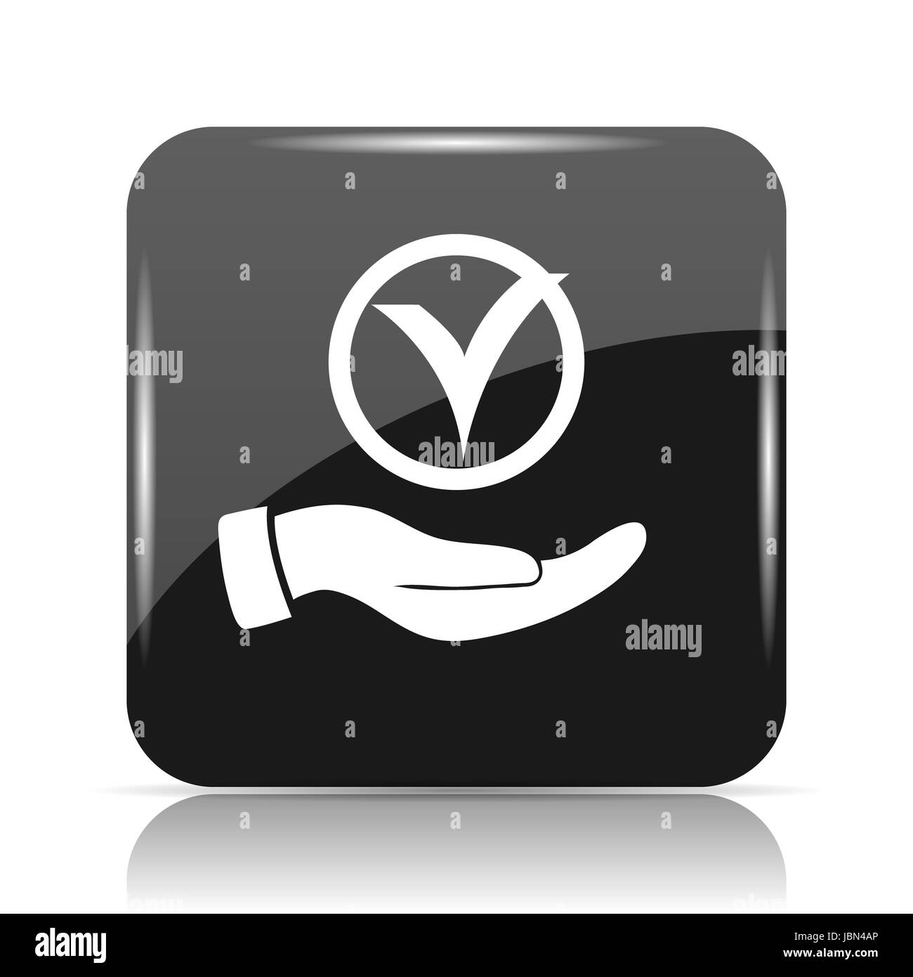 Tick with hand icon. Internet button on white background Stock Photo ...