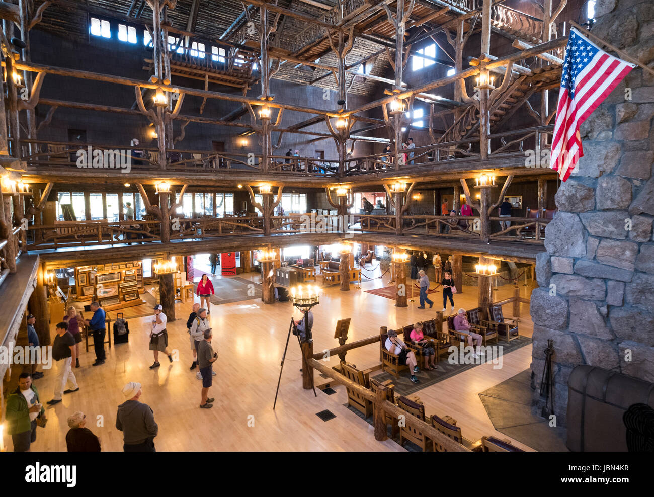 Interior photograph of the reception/lobby area of the Old Faithful Inn ...