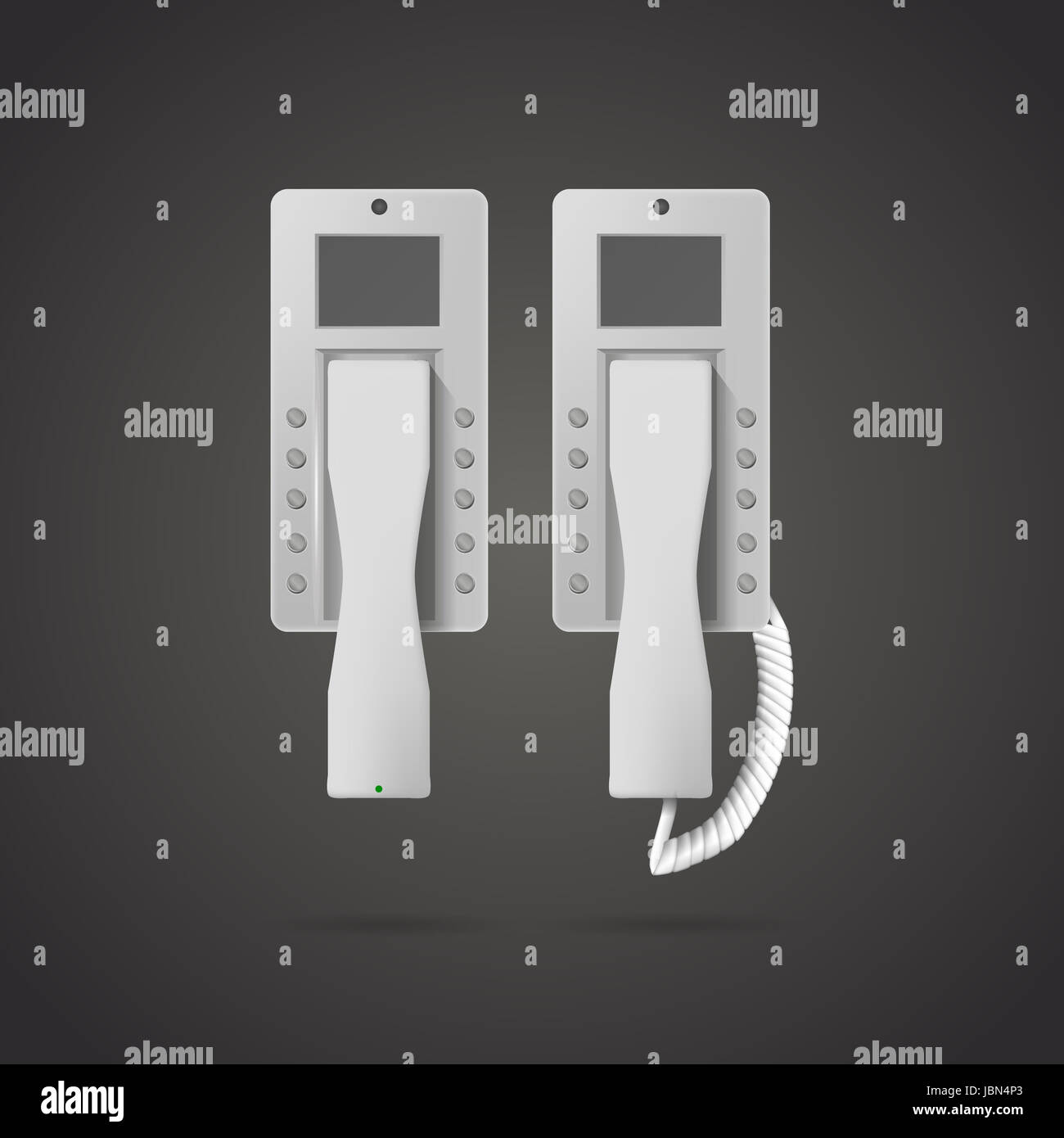 Two white modern wall landline phones, radio and with a wire. Isolated ...