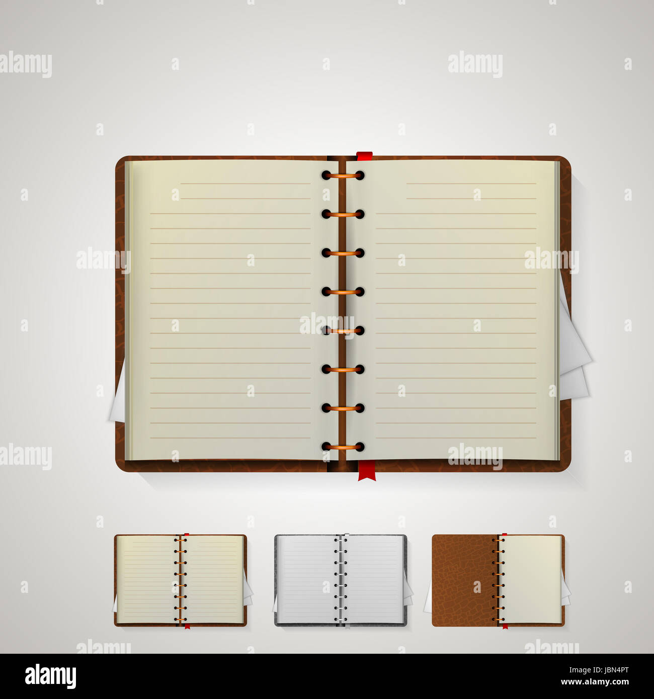 Four open notebooks with bookmarks and brown cover. Isolated ...