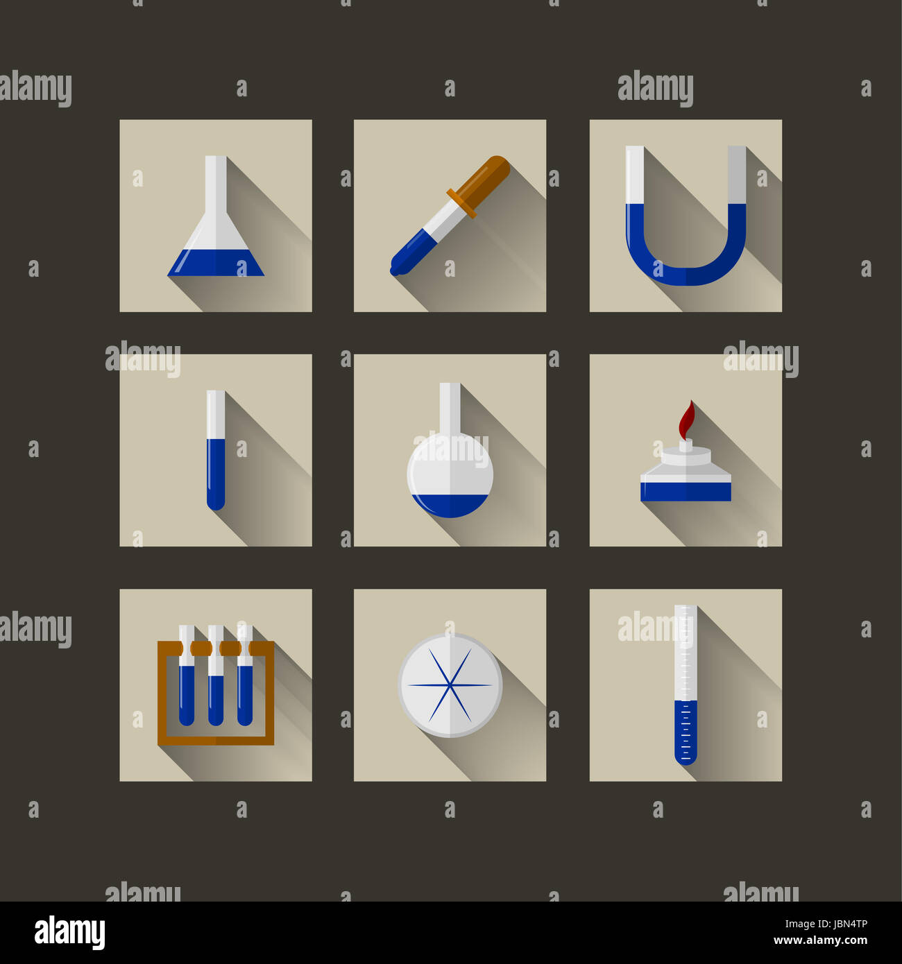 Square white icons for chemistry on black. Laboratory ware with blue ...