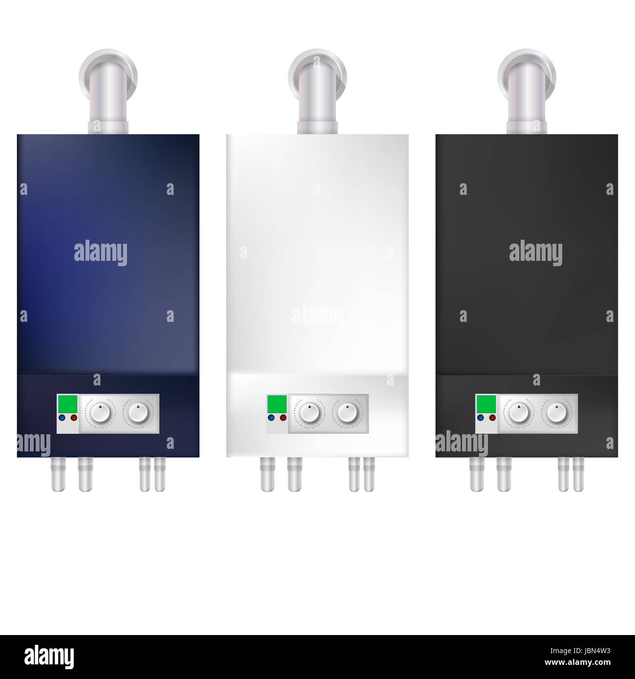 Blue, white and black boilers with switches and tubing. Three isolated ...